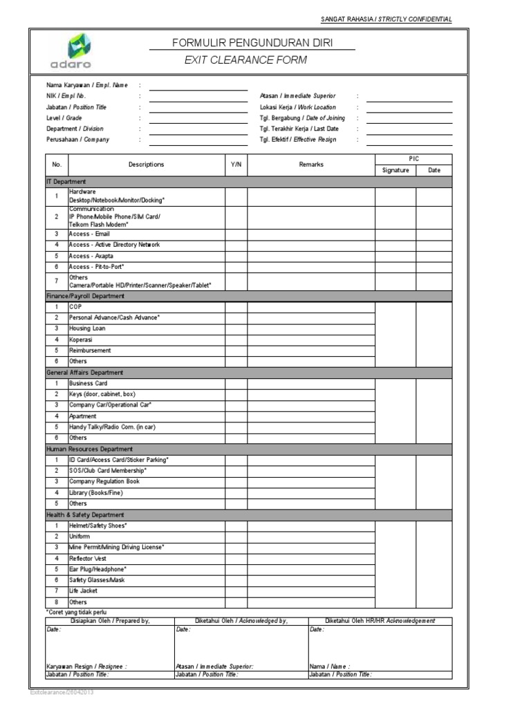 Exit Clearance Form: Formulir Pengunduran Diri | PDF | Information And ...