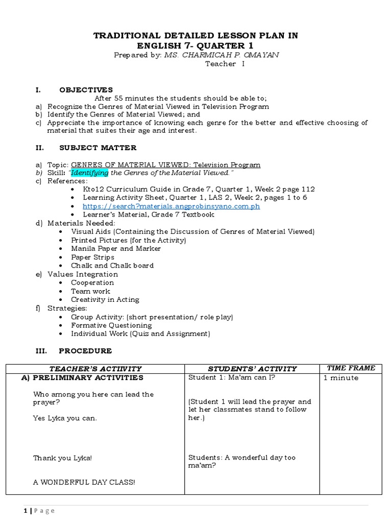 TRADITIONAL DETAILED LESSON PLAN IN English 7 | PDF | Lesson Plan ...