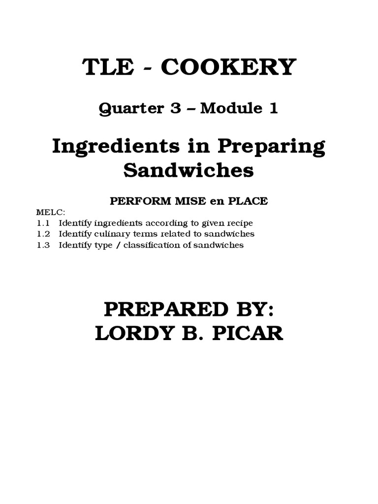 Tle - Cookery: Ingredients in Preparing Sandwiches | Download Free PDF ...