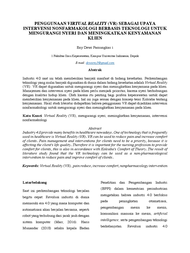 Manfaat Virtual Reality dalam Mengurangi Nyeri dan Meningkatkan Kenyamanan Klien | PDF