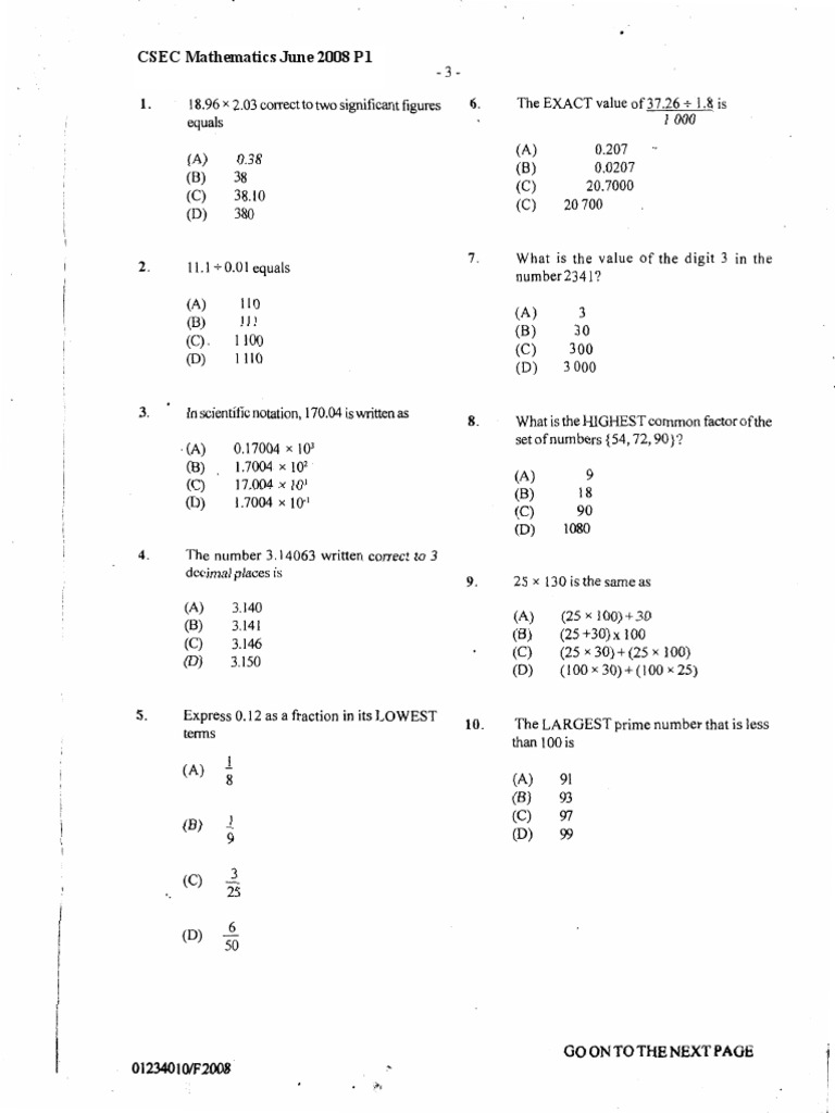 CSEC Mathematics June 2008 Paper 1: Questions and Solutions | PDF ...