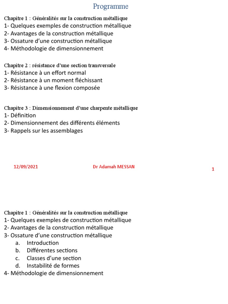 Chapitre 1: Généralités Sur La Construction Métallique: 1 12/09/2021 DR ...