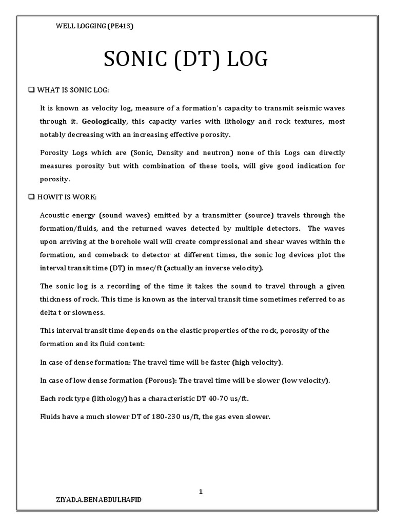 Sonic (DT) Log: Well Logging (Pe413) | PDF | Geology | Applied And ...