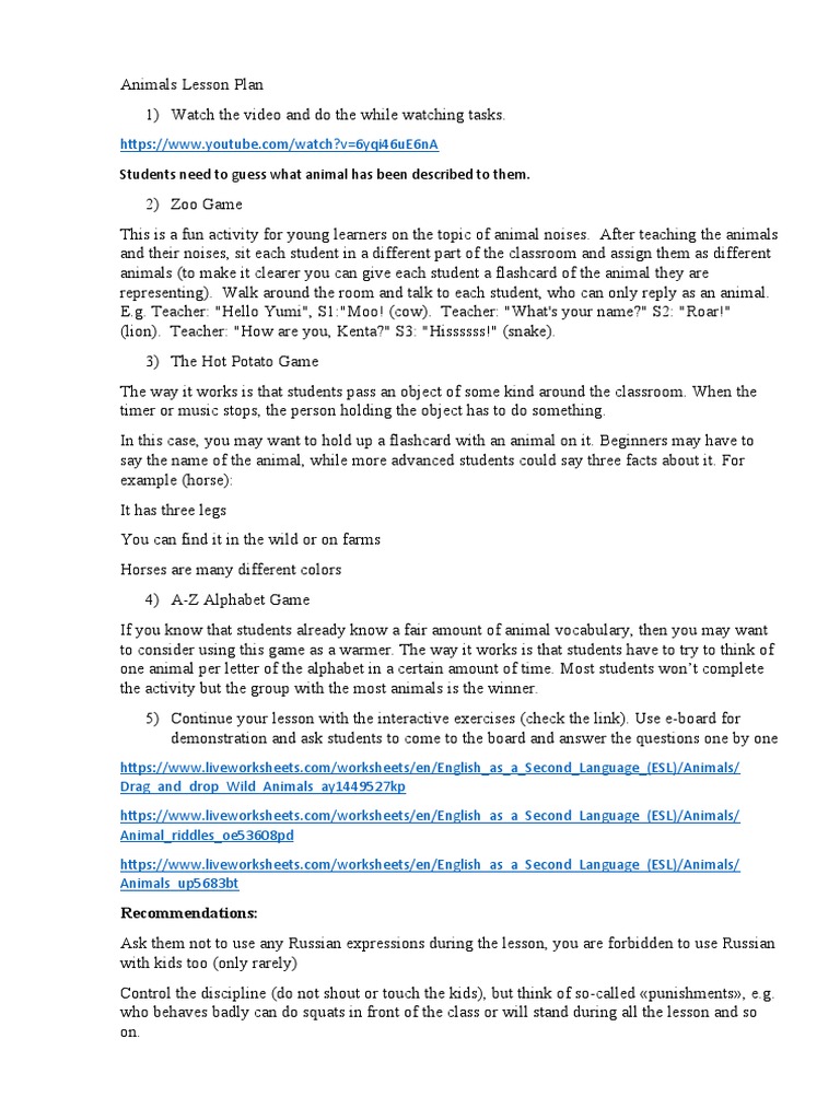 Grade 1 Animals Lesson Plan | PDF | Lesson Plan | Teachers