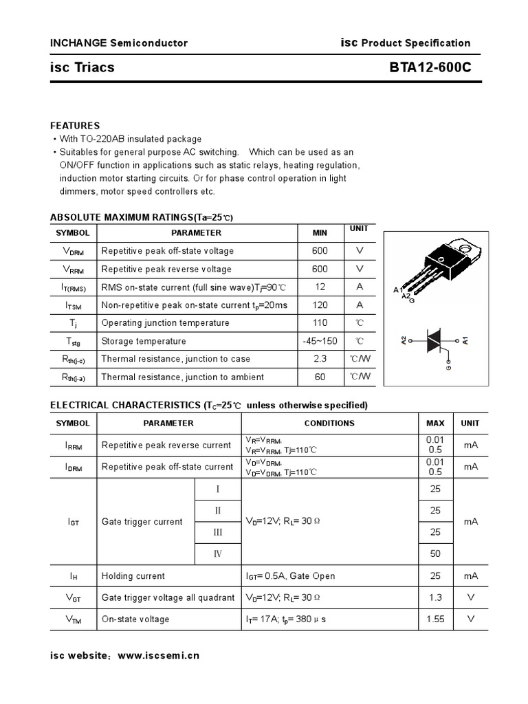 Isc Triacs BTA12-600C: INCHANGE Semiconductor Product Specification | PDF | Electric Power ...