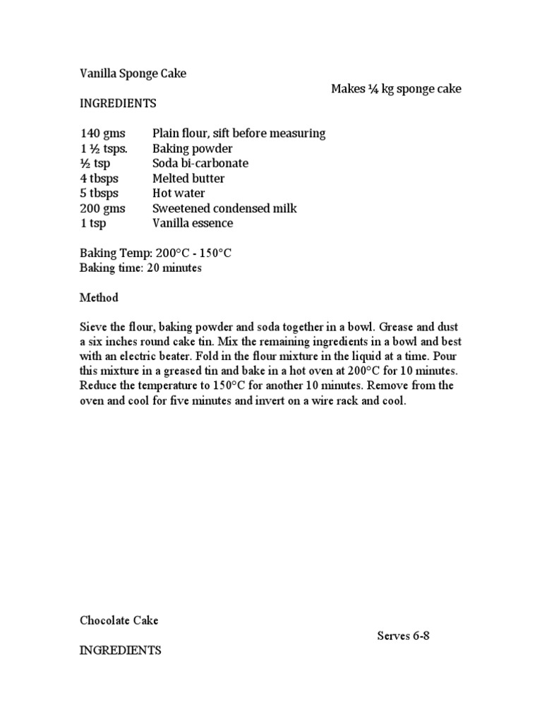 Vanilla Sponge Cake Recipe | PDF | Cakes | Baking