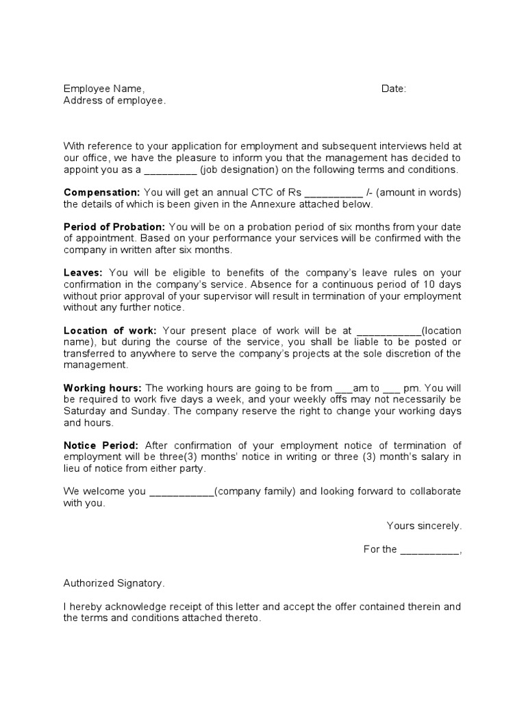 Appointment Letter Format 5 | PDF | Employment | Salary
