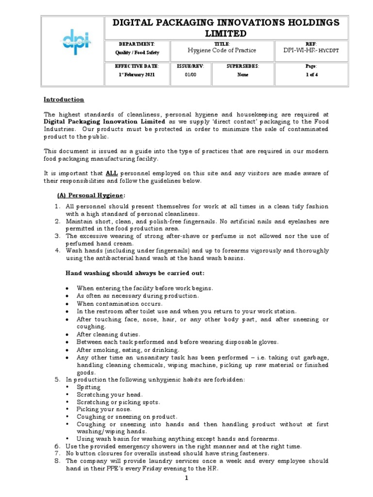 Dpi Hygiene Code of Conduct | PDF | Hygiene | Hand Washing