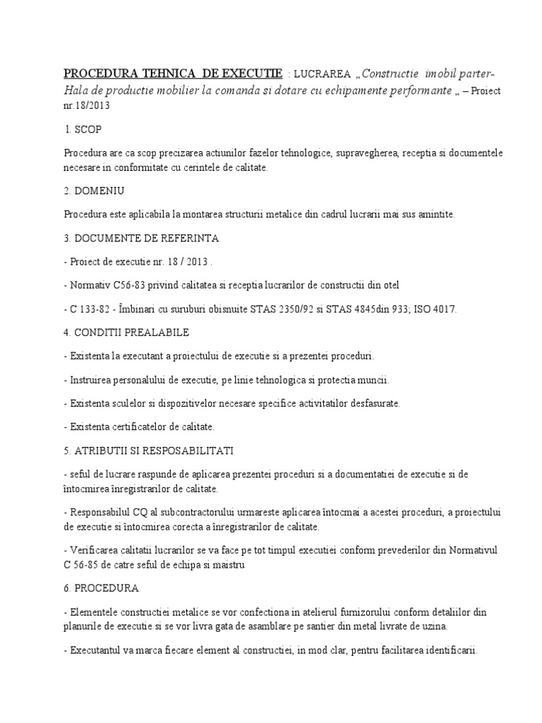 Procedura Tehnica de Executie | PDF