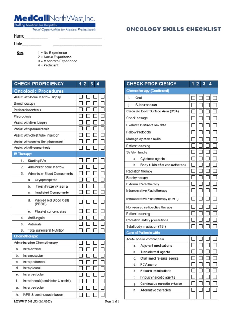 Oncology Skills Checklist: Name - Date | PDF | Radiation Therapy ...