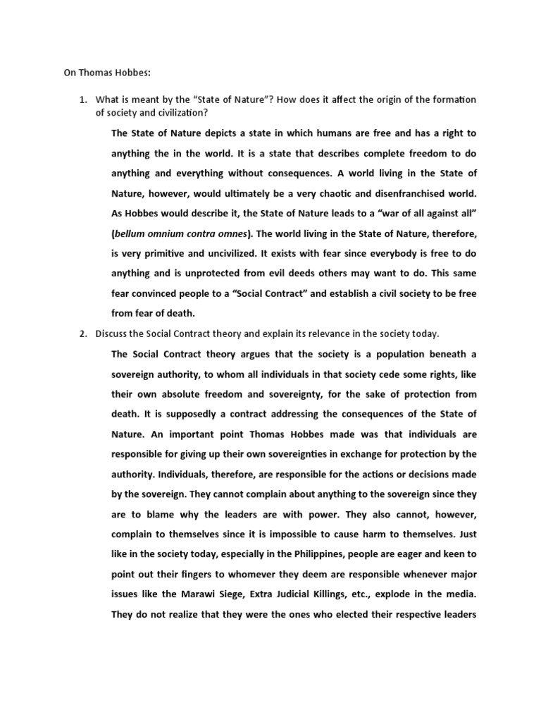 On Thomas Hobbes: 1. What Is Meant by The "State of Nature"? How Does ...
