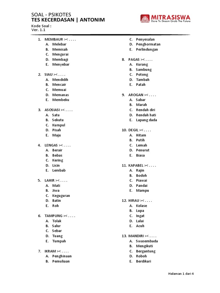 Tes Kecerdasan - Antonim (Soal) | PDF Tes Kecerdasan - Antonim (Soal) | PDF