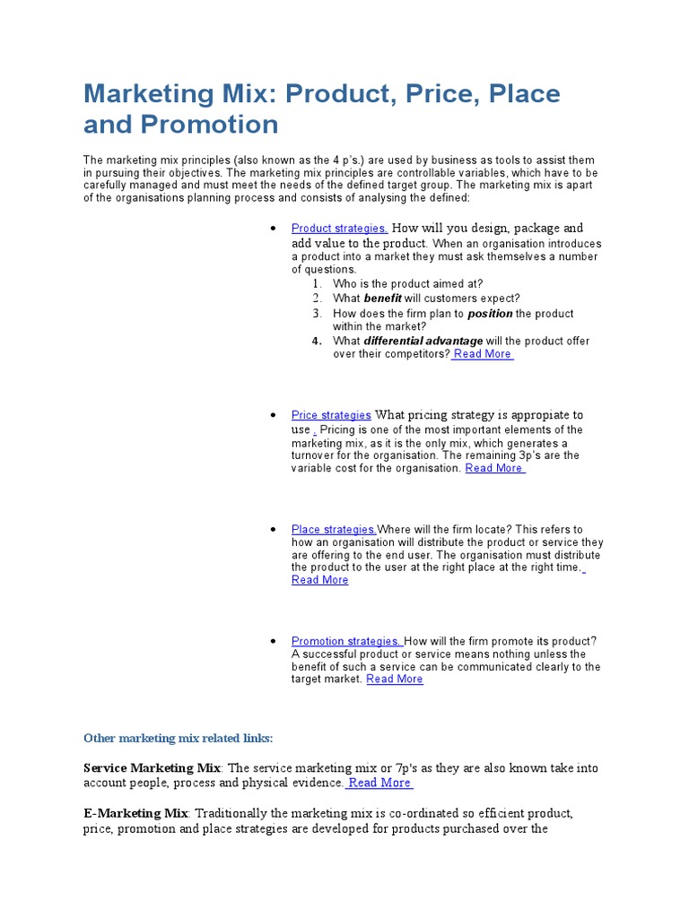 Marketing Mix: Product, Price, Place and Promotion | PDF | Marketing ...