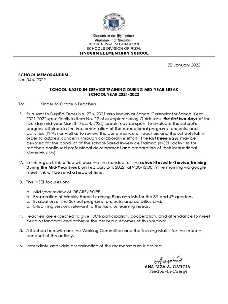 School-Based In-Service Training During Mid-Year Break SCHOOL YEAR 2021 ...