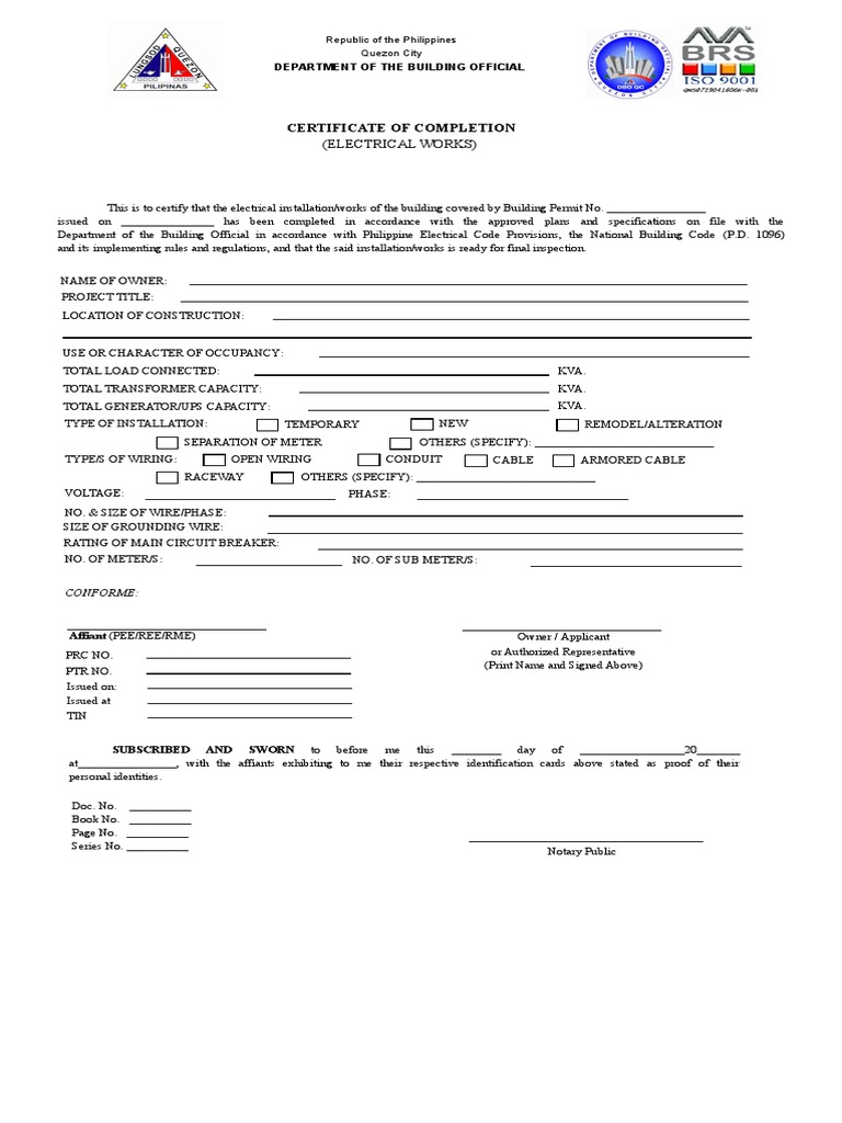 Certificate of Completion: (Electrical Works) | PDF | Electrical Wiring ...