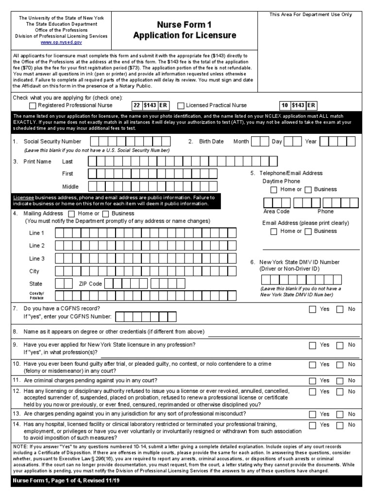 Nurse Form 1 Application For Licensure: WWW - Op.nysed - Gov | PDF ...