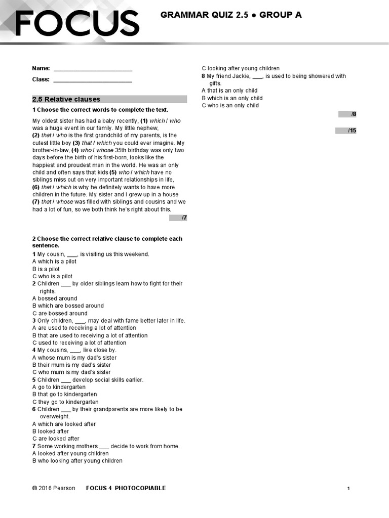 Focus 4 Unit 2 Grammar Quiz 2.5 A Grupa | PDF | Sibling | Childhood
