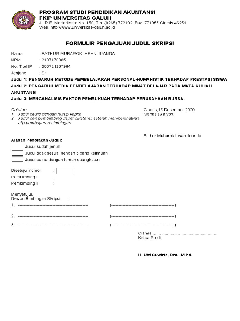 Format Pengajuan Judul - Skripsi 2020 2021 | PDF