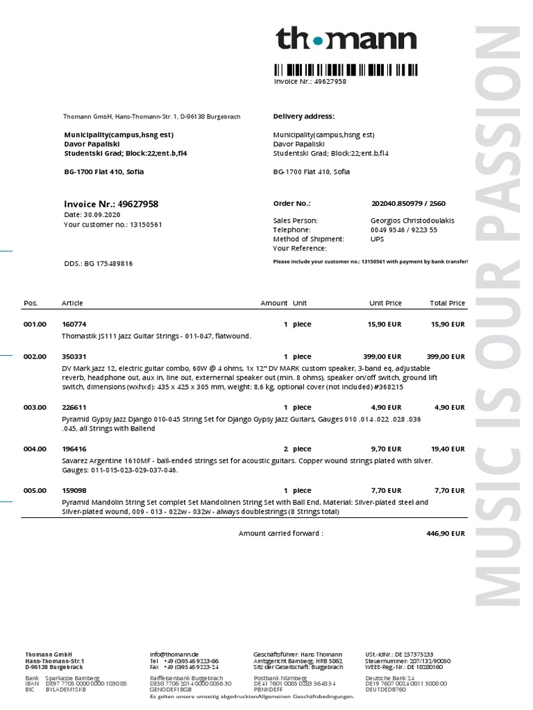 Invoice NR.: 49627958: Thomann GMBH, Hans-Thomann-Str. 1, D-96138 ...