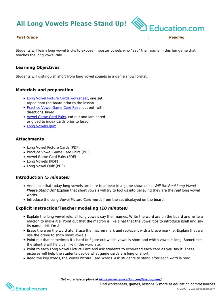 All Long Vowels Please Stand Up!: Learning Objectives | PDF ...