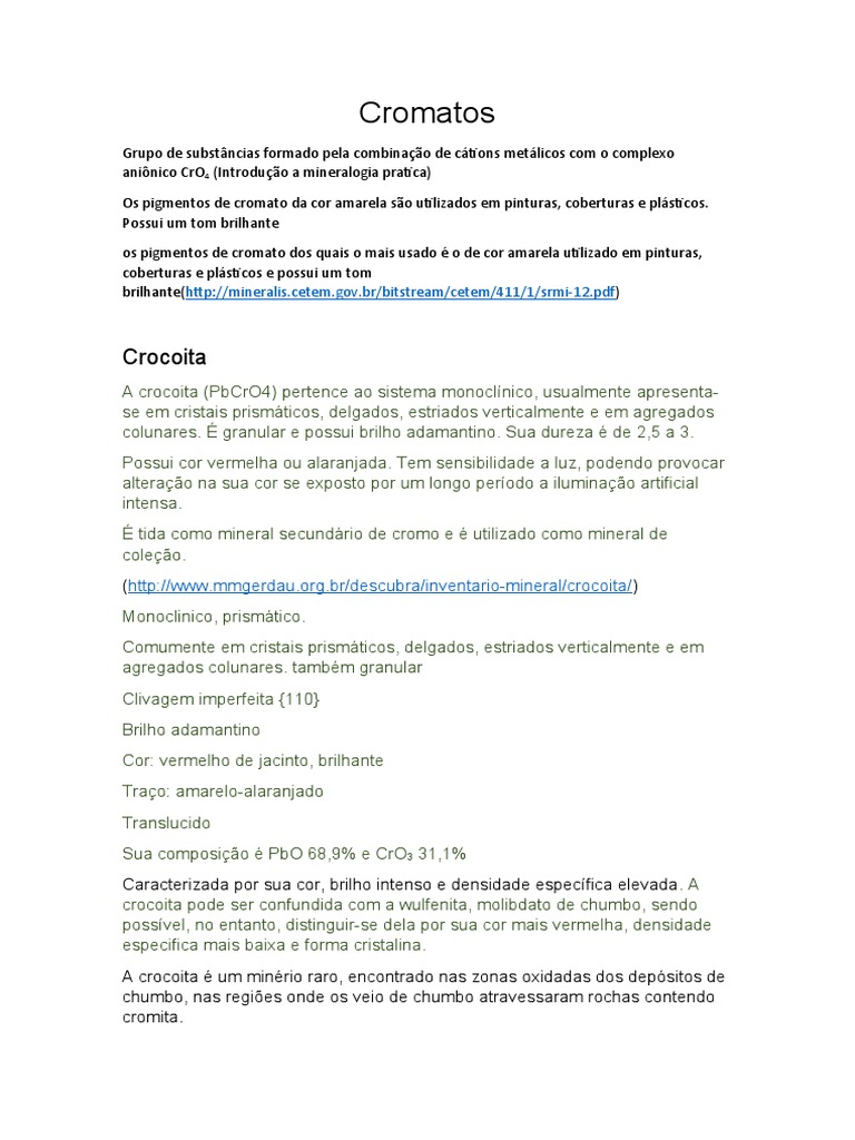 Pigmentos de Cromato Amarelo: Propriedades e Usos | PDF | Minerais | Cor