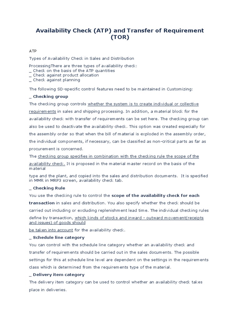 Availability Check (ATP) SAP SD | PDF | Receipt | Sales