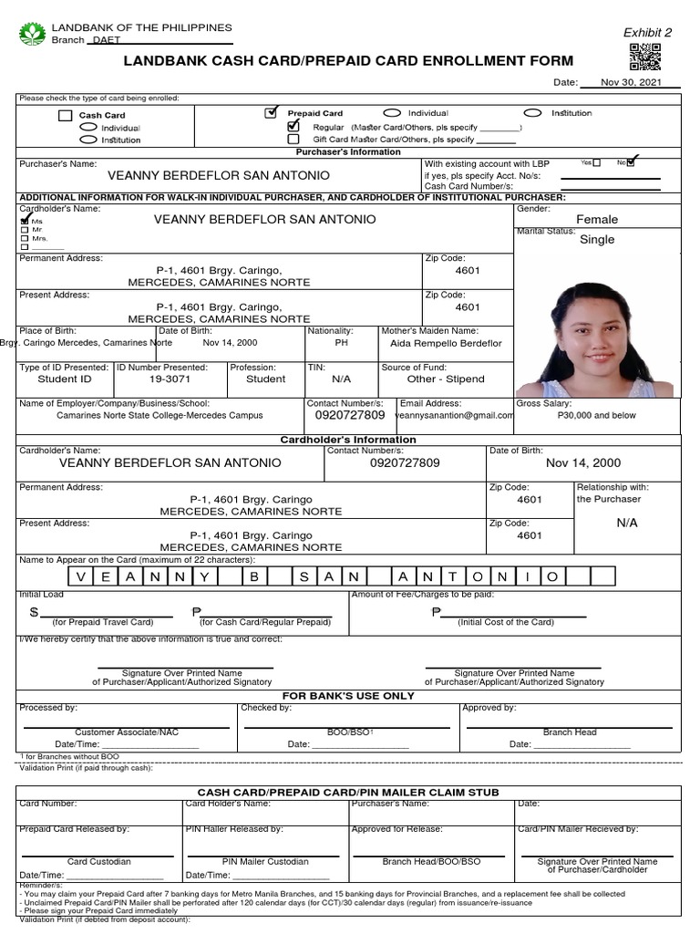 Landbank Cash Card/Prepaid Card Enrollment Form: Veanny Berdeflor San ...