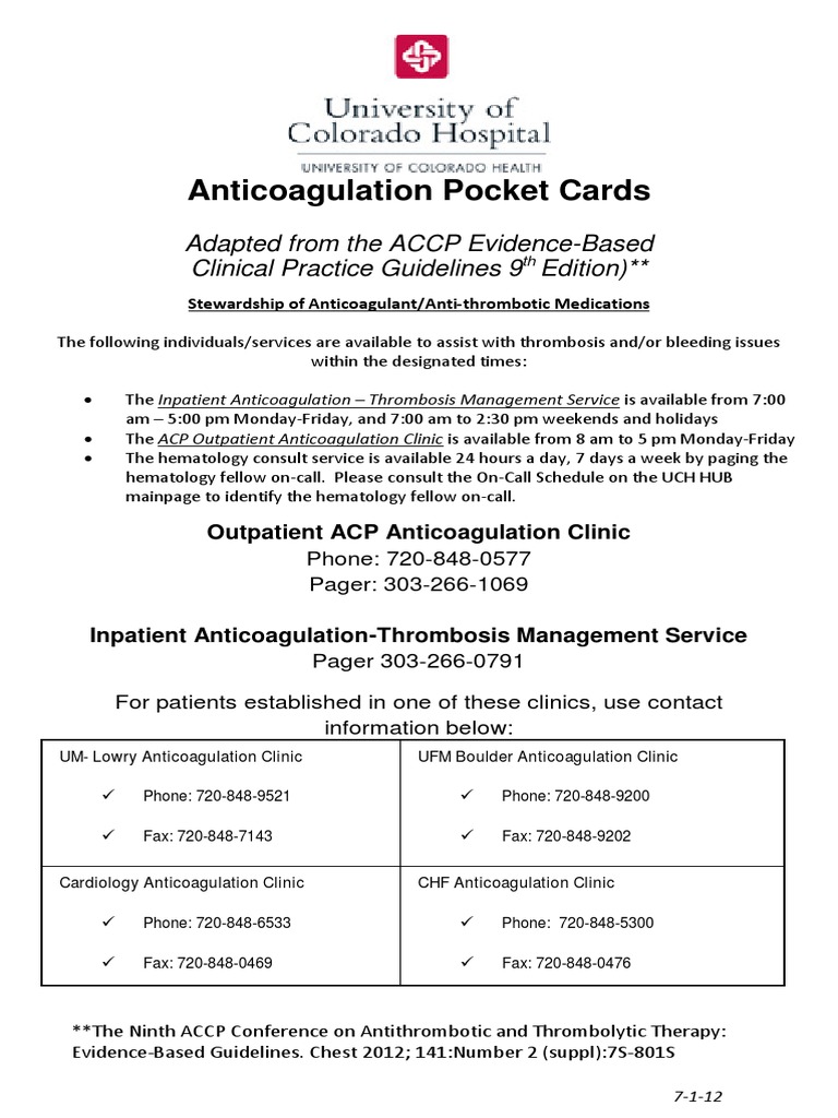 Anticoagulation Pocket Cards: Adapted From The ACCP Evidence-Based ...