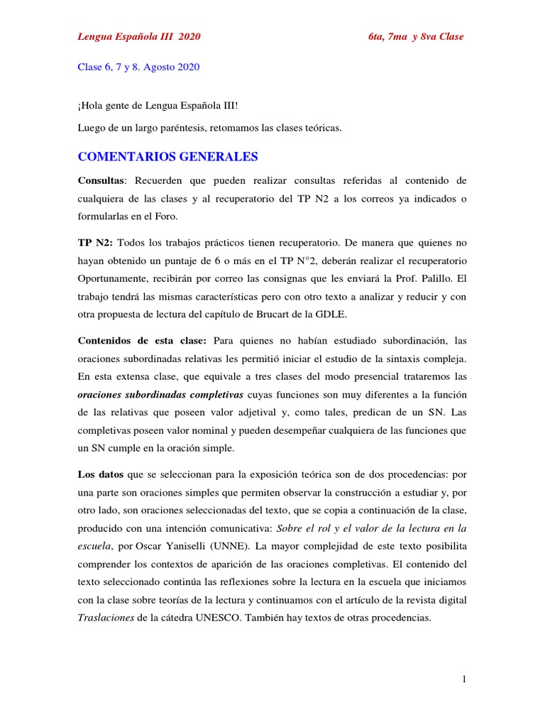 Clase 6, 7 y 8 | PDF | Verbo | Oración (Lingüística)