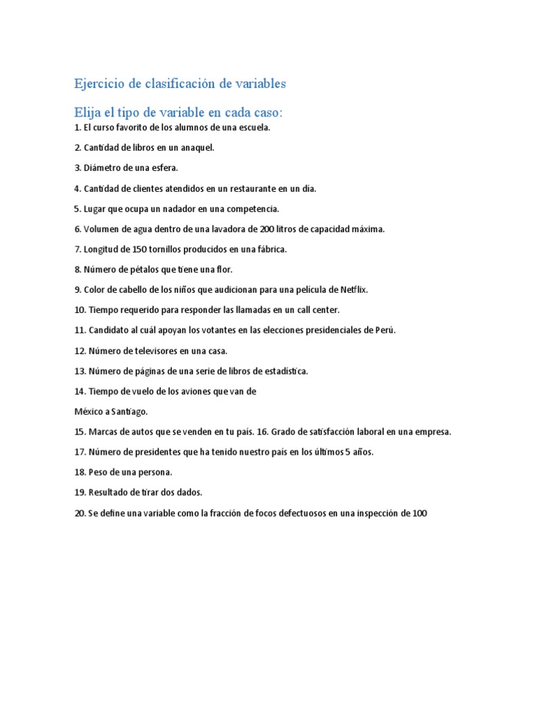 Ejercicio de Clasificación de Variables | PDF