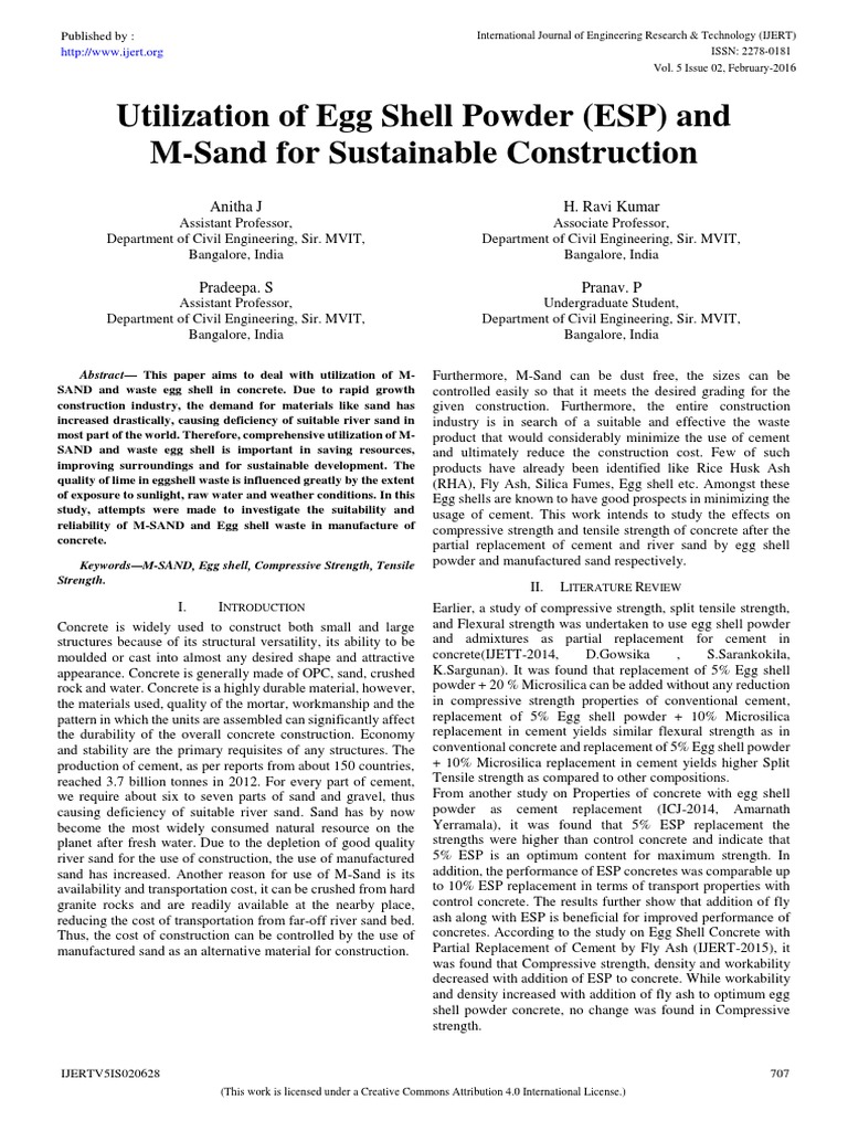 Utilization of Egg Shell Powder (ESP) and M-Sand For Sustainable ...