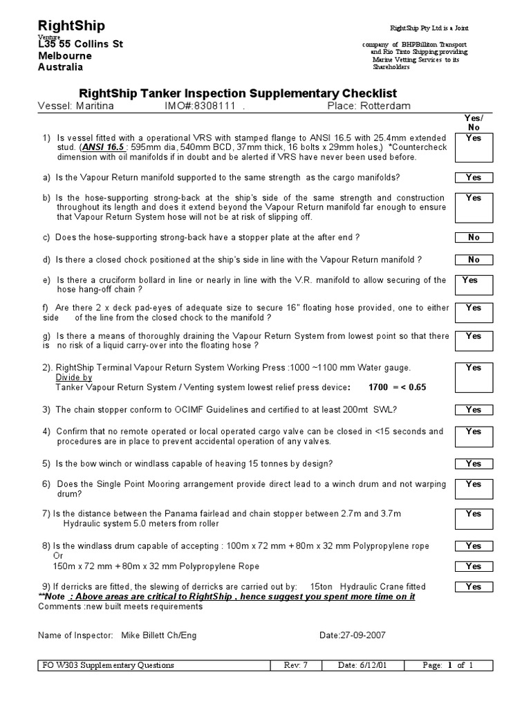 Rightship: Rightship Tanker Inspection Supplementary Checklist | PDF ...