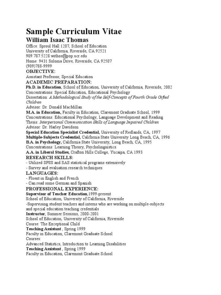 Sample Curriculum Vitae 1 | PDF | Special Education | Thesis