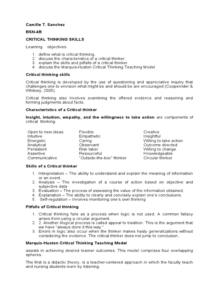 CRITICAL THINKING SKILLS Manuscript | PDF | Critical Thinking | Thought