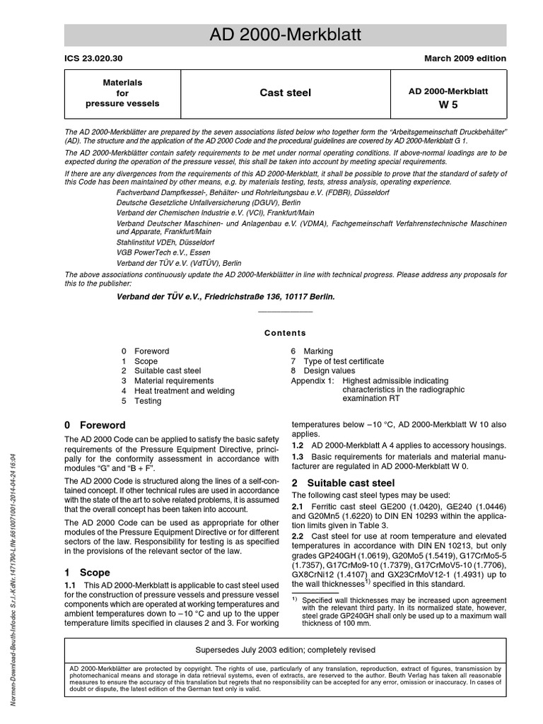 AD 2000-Merkblatt: Cast Steel W5 | PDF | Steel | Heat Treating