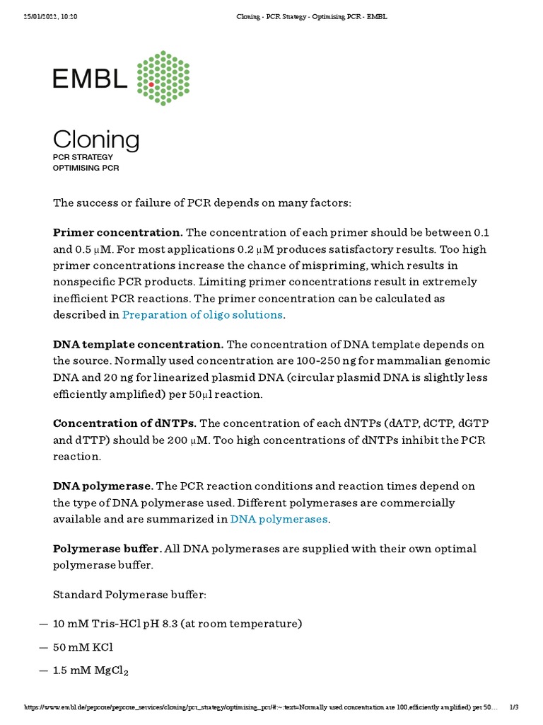 Cloning - PCR Strategy - Optimising PCR - EMBL | PDF | Polymerase Chain ...