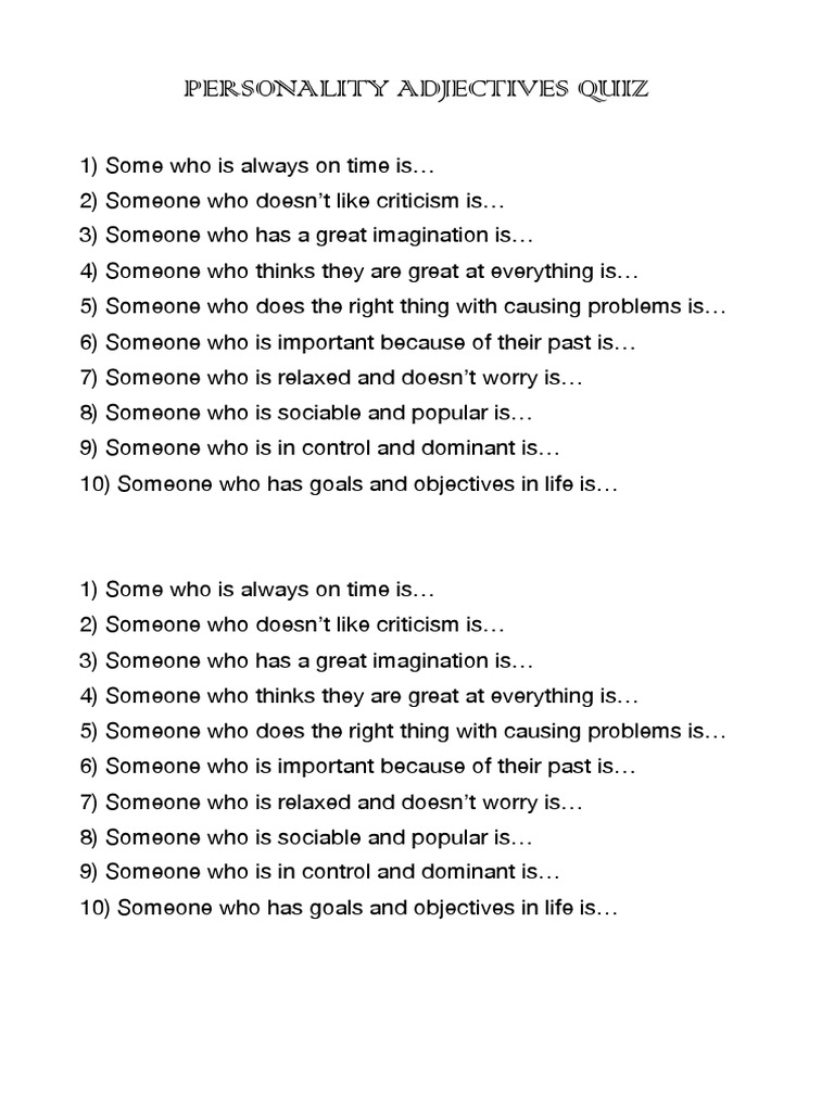 Personality Adjectives Quiz Guide | PDF | Career & Growth | Science ...