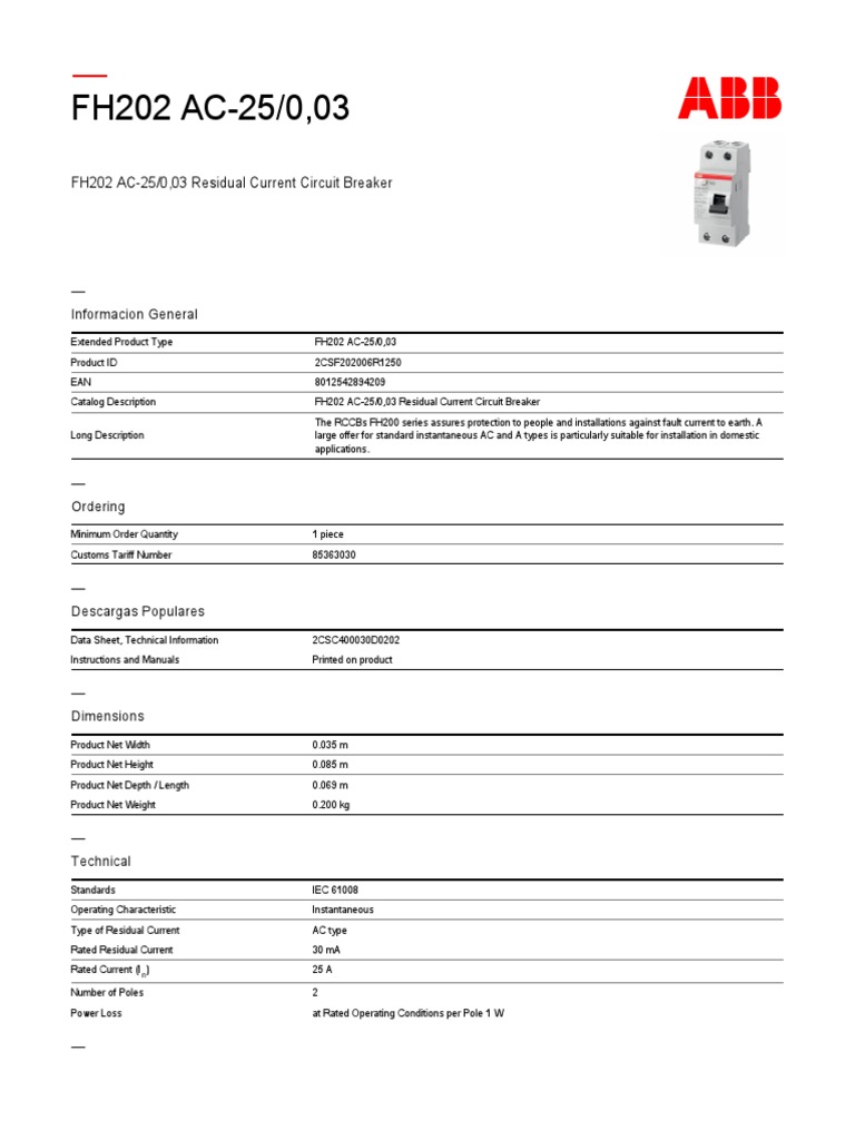 FH202 AC-25/0,03 Residual Current Circuit Breaker | PDF | Electrical Engineering