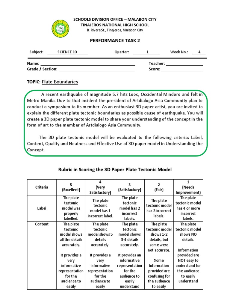 Performance Task 2: Plate Boundaries | PDF | Plate Tectonics | Methodology