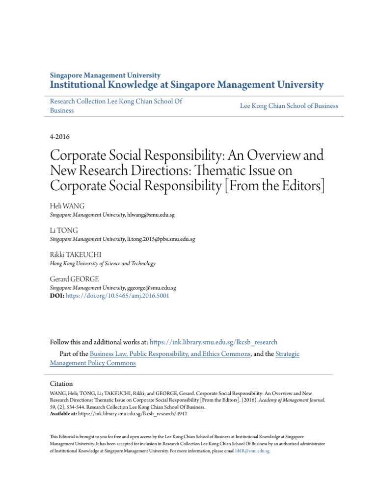 Corporate Social Responsibility - An Overview and New Research Dir ...
