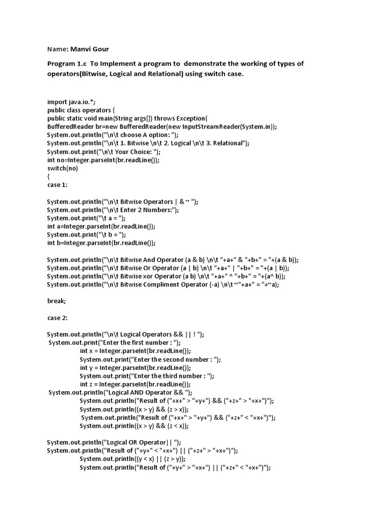 Program 1 C To Implement A Program To Demonstrate The Working Of Types Of Operators Bitwise