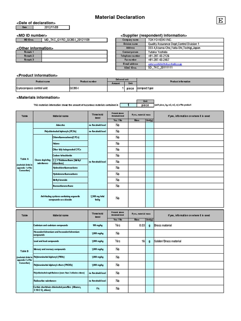 Declaration of Material GC80-I Gyro Compass Control Unit Compact | PDF | Chlorofluorocarbon ...