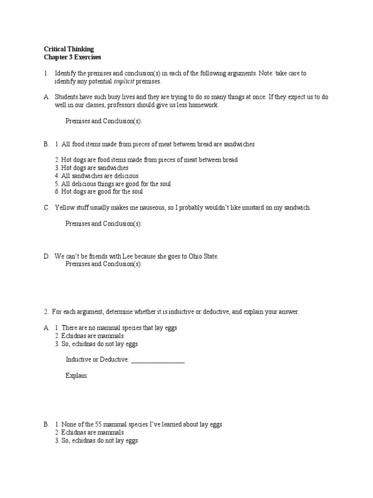 Critical Thinking Chapter 3 Exercises | PDF | Argument | Deductive ...