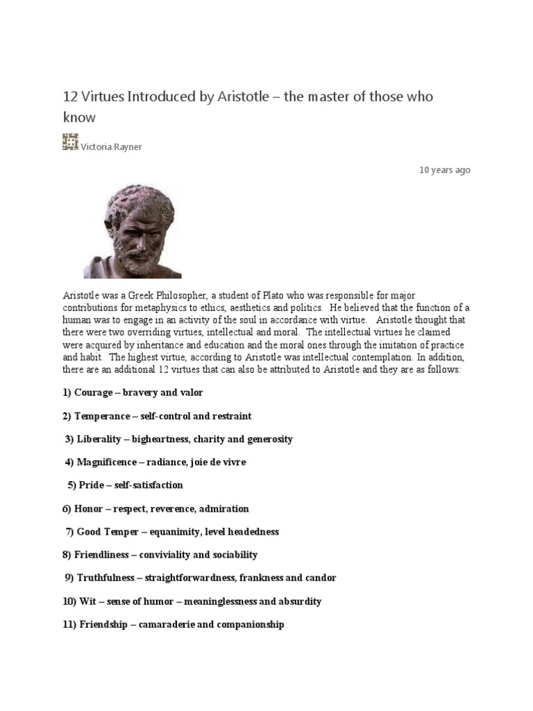 12 Virtues Introduced by Aristotle - The Master of Those Who Know | PDF ...