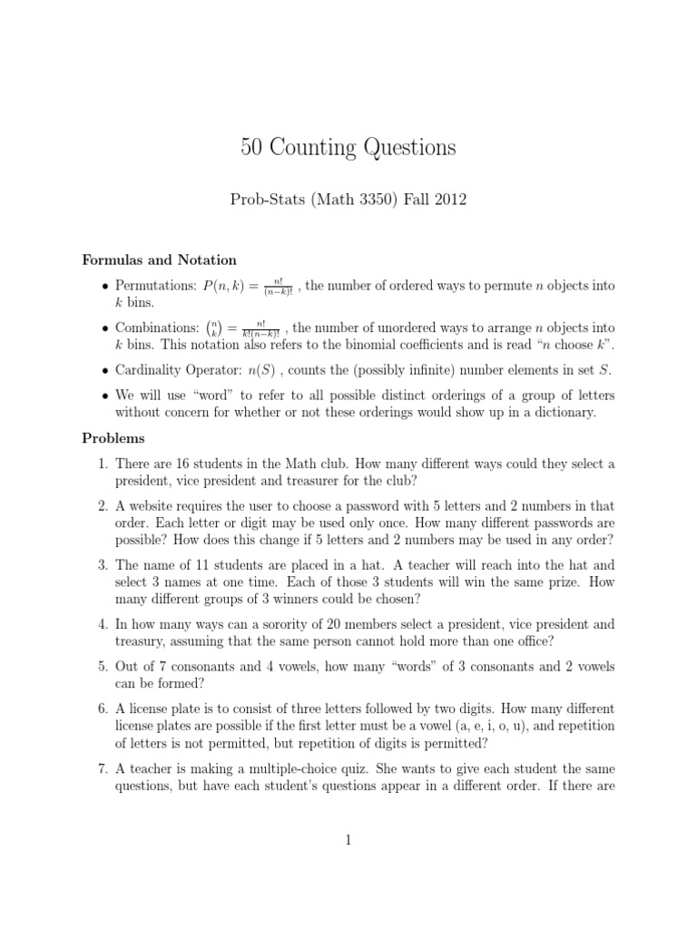50 Counting Questions | PDF | Mathematics