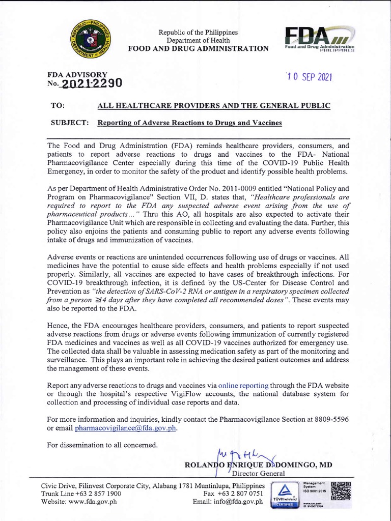Fda Advisory 2021 2290 | PDF
