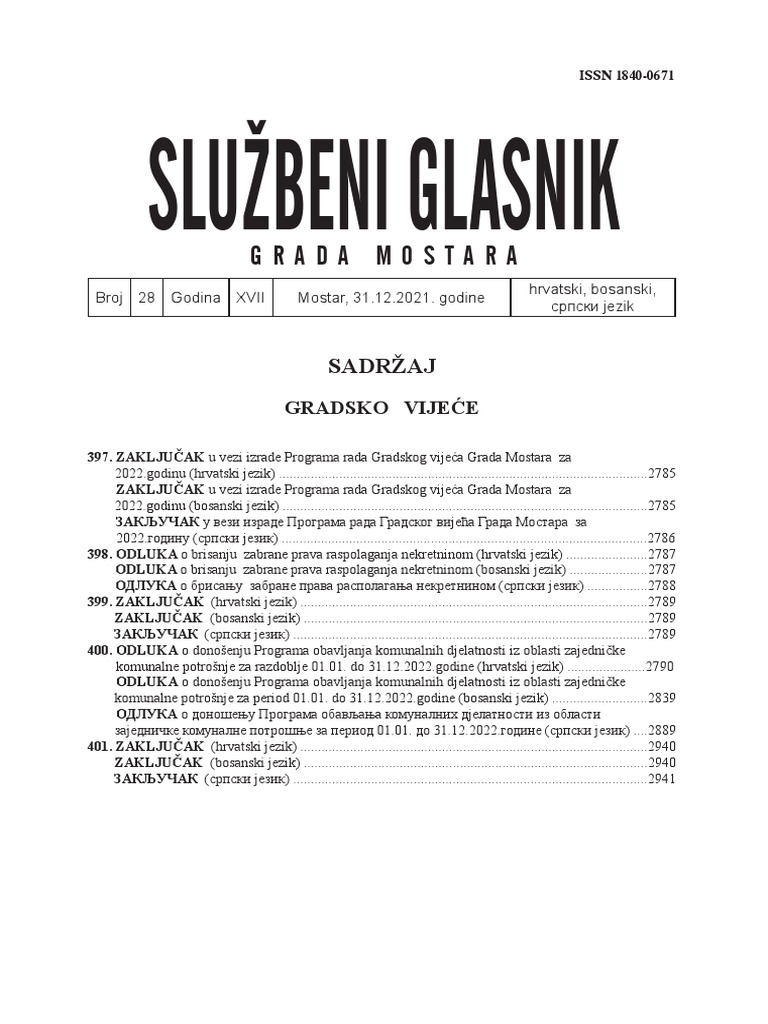 Sluzbeni Glasnik Grada Mostara Broj 28 2021 | PDF