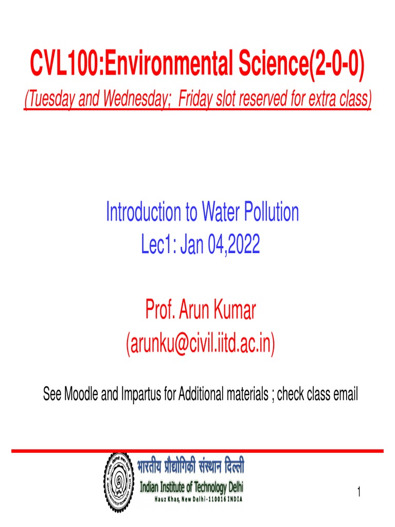CVL100:Environmental Science (2-0-0) : Introduction To Water Pollution Lec1: Jan 04,2022 | PDF ...