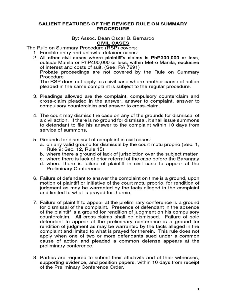 Salient Features of The Revised Rule On Summary Procedure | PDF ...