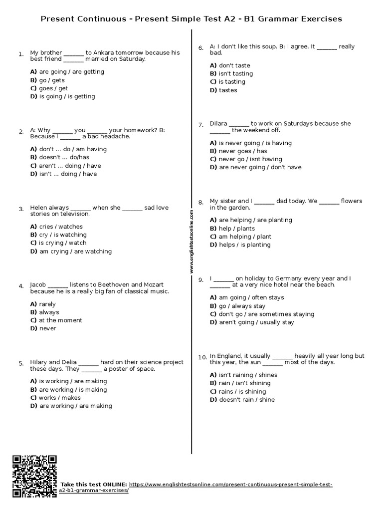 Present Continuous - Present Simple Test A2 - B1 Grammar Exercises | PDF